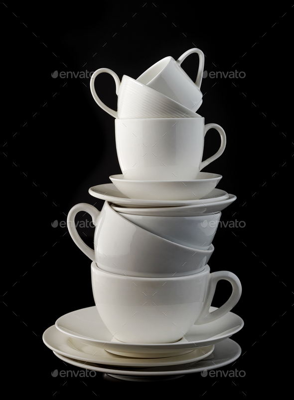 stack of white coffee cups and plates Stock Photo by magone | PhotoDune