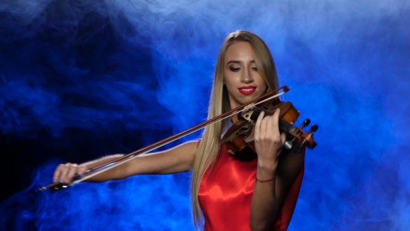 Girl Professional Fiddler Playing the Viola. Studio. Smoke, Stock Footage