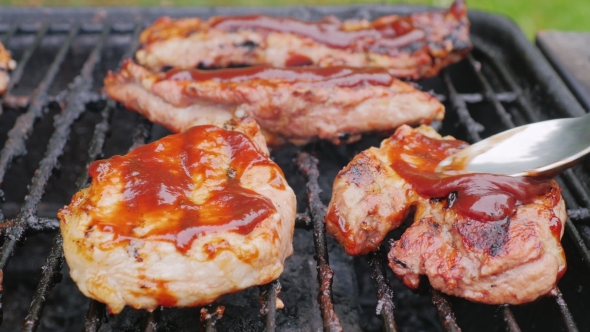 Pieces of Meat on the Grill Smearing Sauce on Top, Stock Footage ...