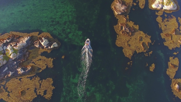 Top View of the River and the Boat Near Rocks . Norway, Stock Footage