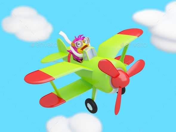 Cartoon Bird Flying in the Clouds on a Plane, Graphics | GraphicRiver