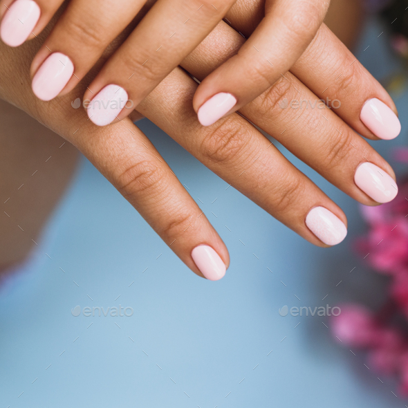 Beautiful woman's nails with beautiful pink manicure Stock Photo by ollinka