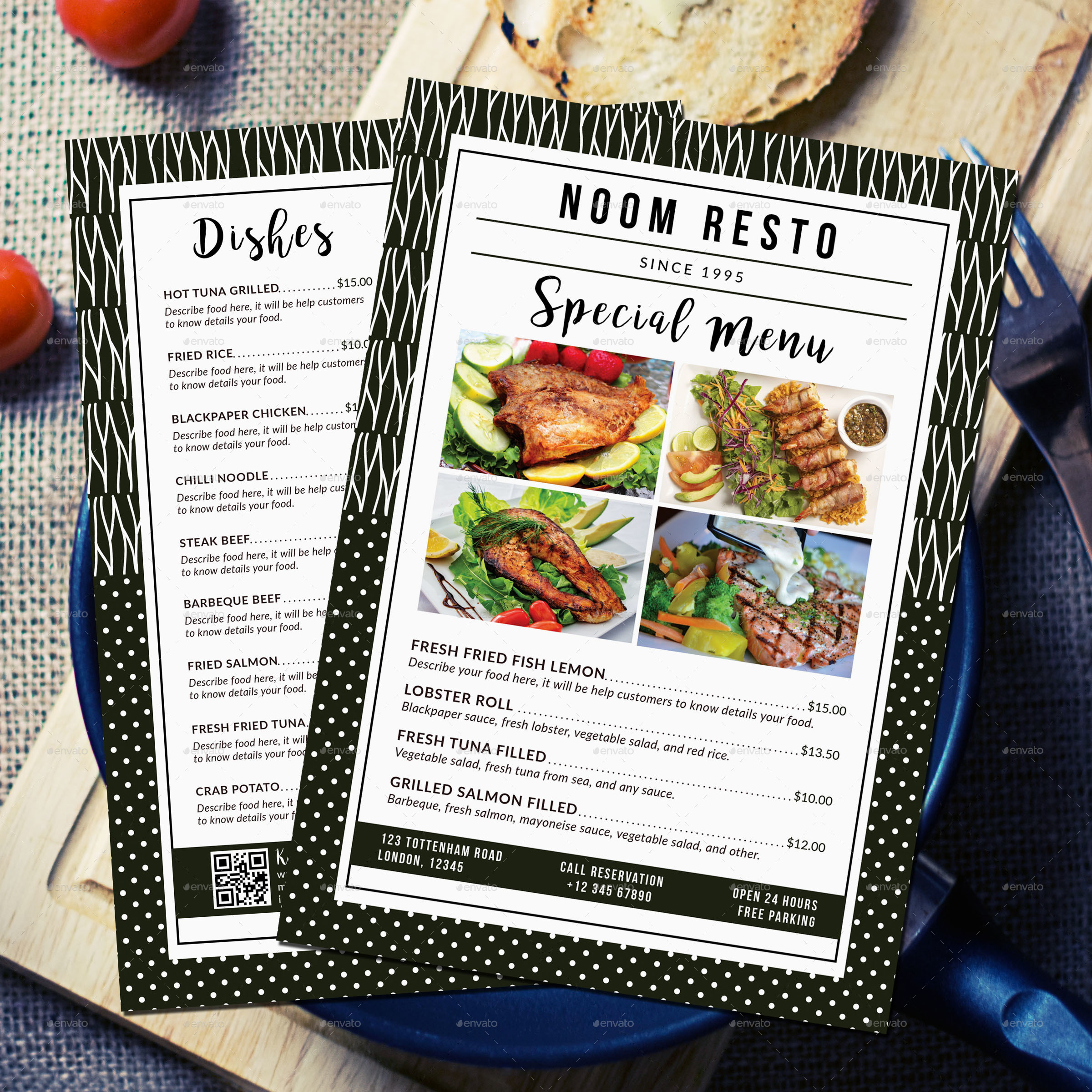 Monochrome Restaurant Menu + Business Card, Print Templates | GraphicRiver