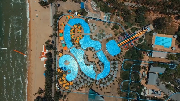 Aerial: Big Swimming Pool on the Beach., Stock Footage | VideoHive