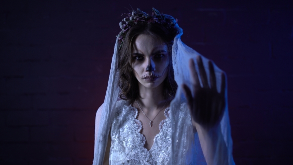 Horror Halloween Scene of a Corpse Bride with Sad Face and Sewed Mouth ...