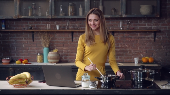 Caucasian Model Cooking Dinner Use Pc in Kitchen, Stock Footage | VideoHive
