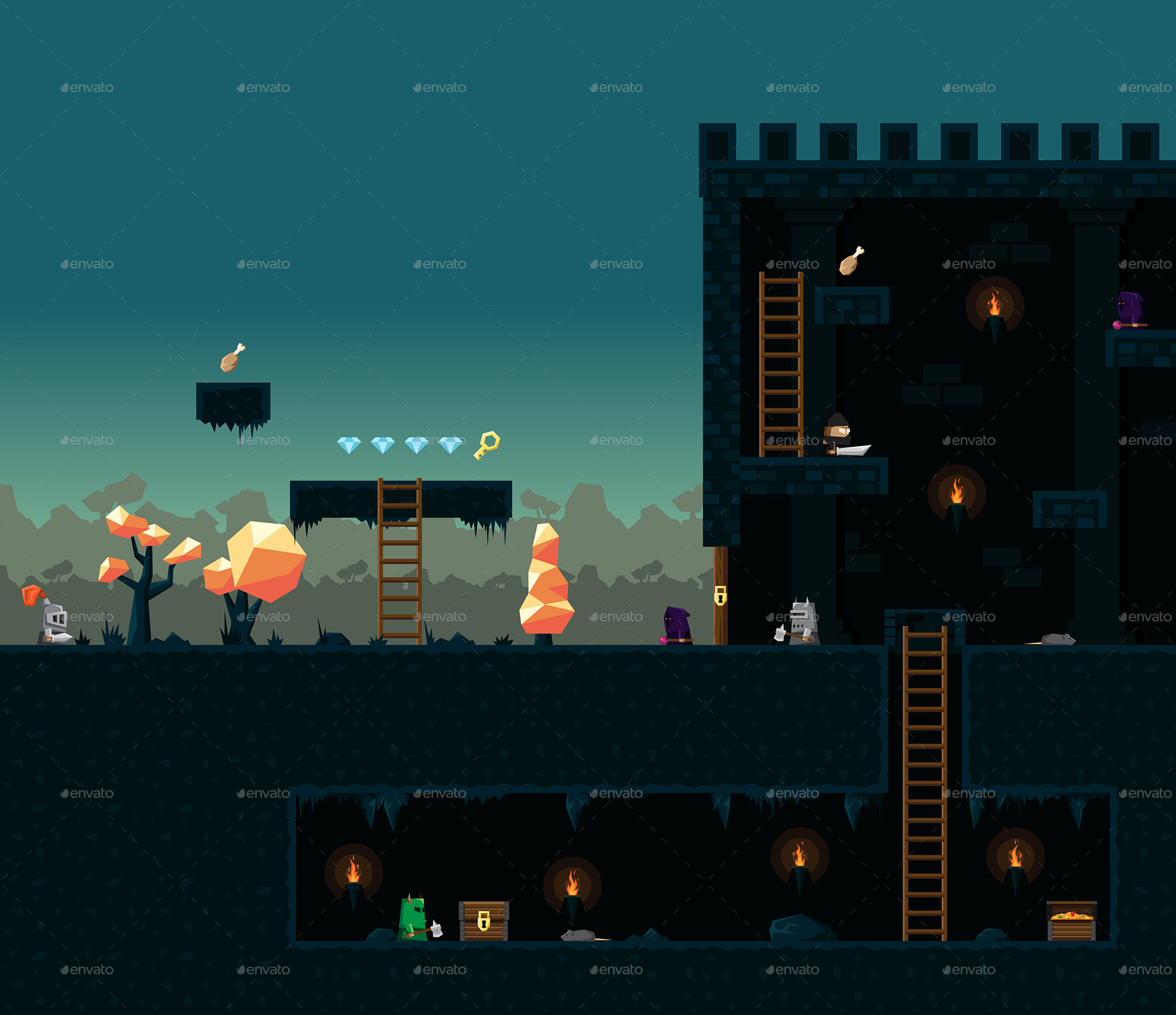 Knight Platformer Game Tileset and Assets, Game Assets | GraphicRiver