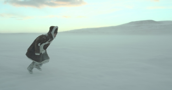 A Crazy Traveler Going Away Along Winter Field at Snow Blizzard. Man ...