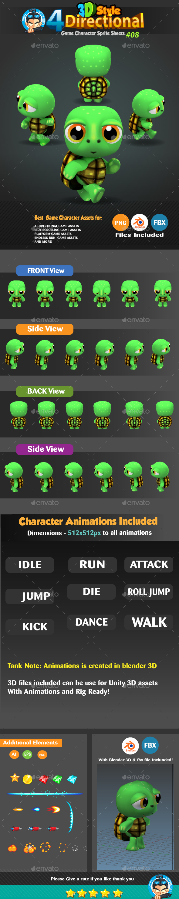 Turtle 4 Directional Game Character Sprites 08 by pasilan | GraphicRiver