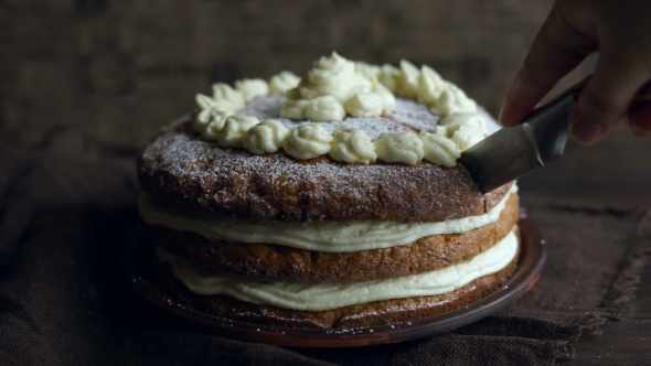 Chef Cutting Cake . Cake Cutting with Kitchen Knife. Chef Slicing Cake ...