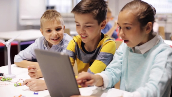 Kids with Tablet Pc Programming at Robotics School 15, Stock Footage