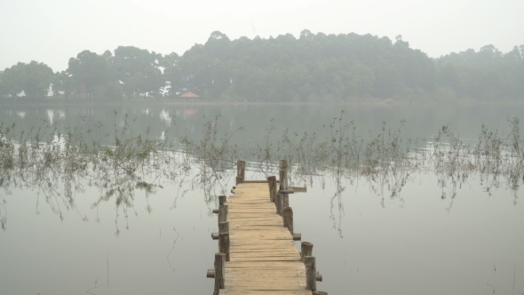 Wooden Bridge in the Misty Lake, Stock Footage | VideoHive