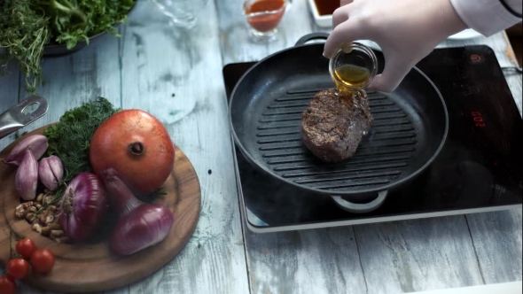 Flambe Meat on Pan., Stock Footage | VideoHive