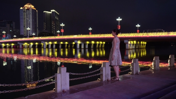 Night City Quay with a View of the Bridge, Stock Footage | VideoHive