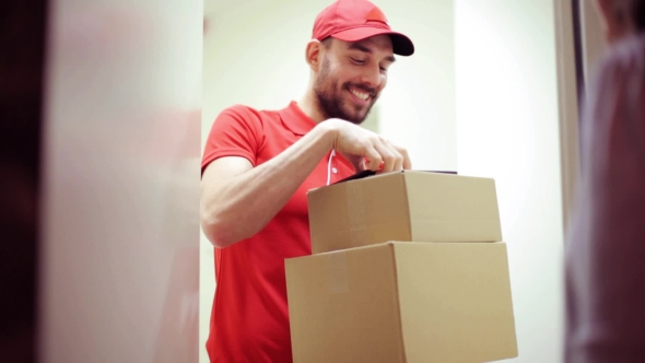 Happy Man Delivering Parcel Boxes To Customer Home 45, Stock Footage