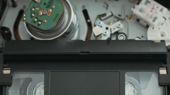 VCR VHS Mechanics Video Cassette Player Insert Tape Head, Stock Footage