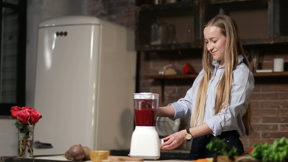 Charming Woman Blending Beet Smoothie with Blender, Stock Footage ...