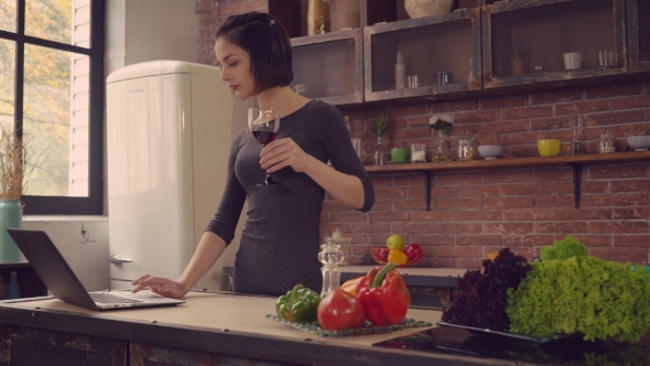 Lady Use Computer Enjoy Alcohol., Stock Footage | VideoHive