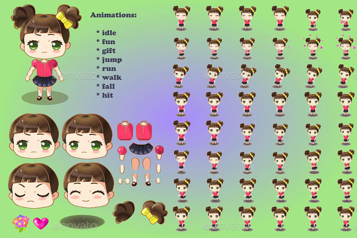 2D Chibi Girl Character Sprite, Game Assets | GraphicRiver
