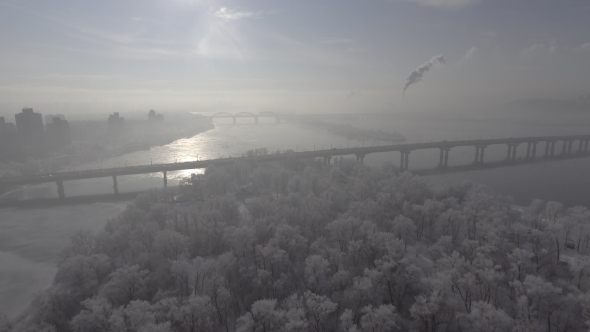 City in the Snow, Flying Over the Forest., Stock Footage | VideoHive