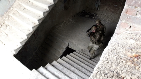Military Men with Arms Defend the Building and Go Up the Stairs, Stock ...
