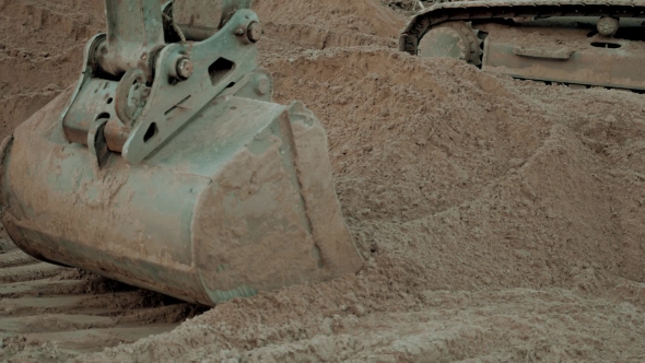 Excavator Digging Sand And Dust Working During Road Works, Shot of ...