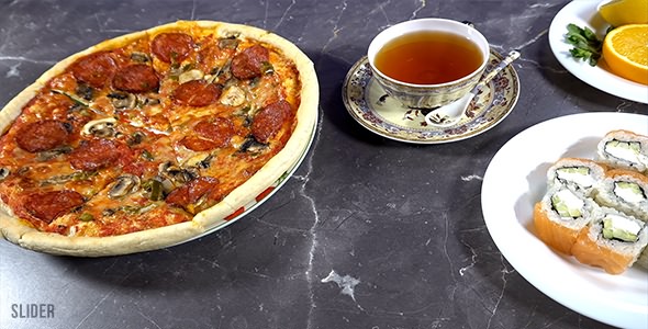 Pizza, Tea, and Sushi, Stock Footage | VideoHive