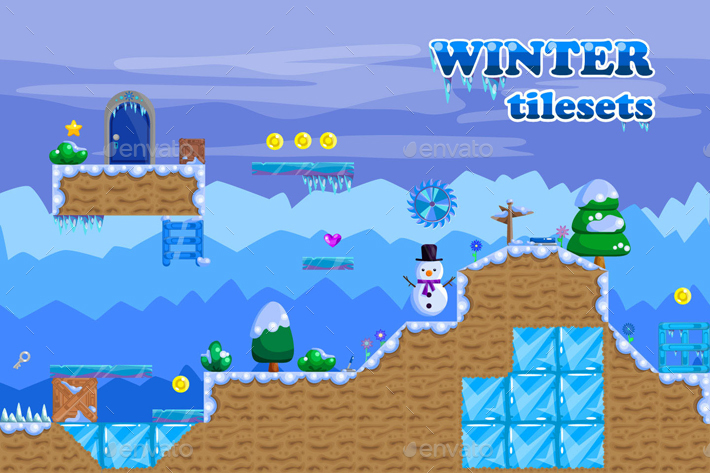 Platformer Tileset for Winter 2D Game, Game Assets | GraphicRiver