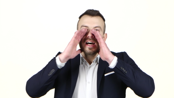 Man Shout with His Hands To His Face. White Background, Stock Footage