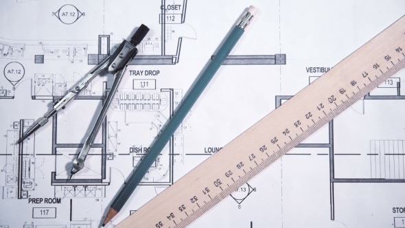 Engineer's Desk with Drawings, Helmet, Ruler, Pencil, Stock Footage