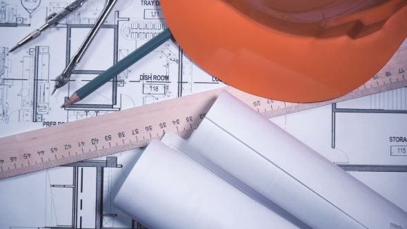 Engineer's Desk with Drawings, Helmet, Ruler, Pencil, Stock Footage