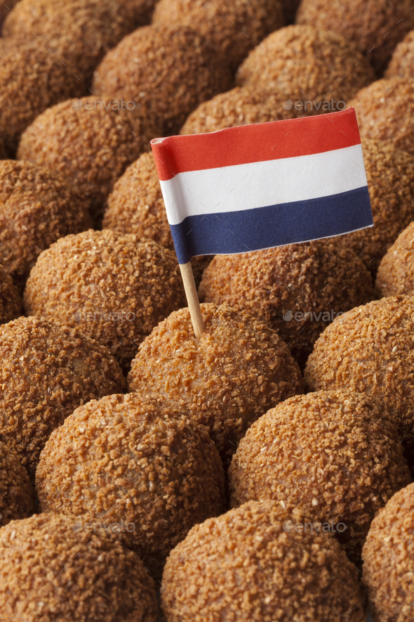 Dutch traditional snack bitterballen full frame with a dutch fla Stock ...