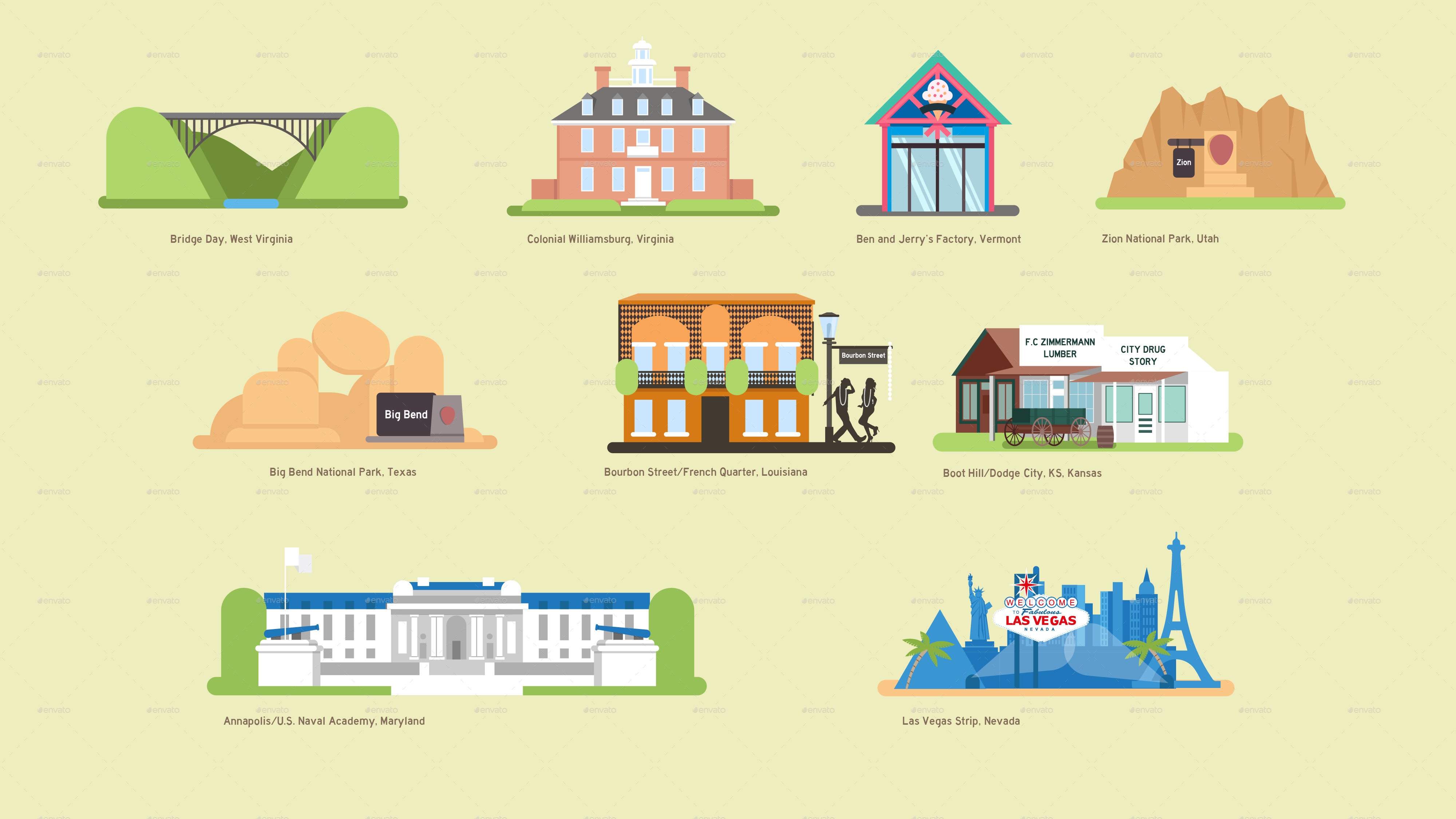 USA Vector Map and US Landmark Icons, Vectors | GraphicRiver