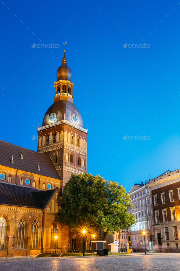 Riga Latvia. Dome Square, Dome Cathedral In Evening Illumination Stock ...