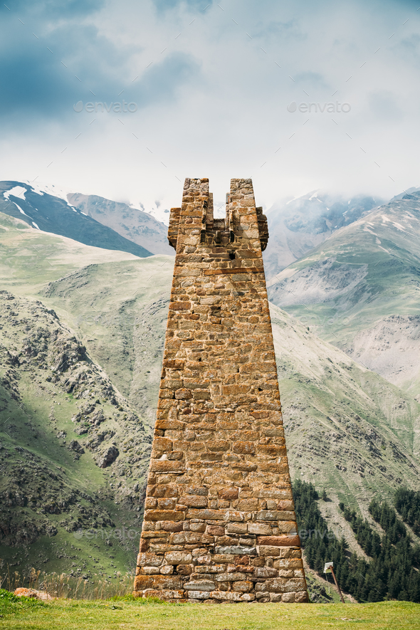 Ancient Stone Watchtower On Mountain Background In Sioni Village Stock ...