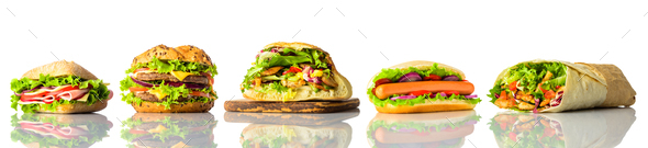 Sandwich and Burger Collage on White Background Stock Photo by oizostudios
