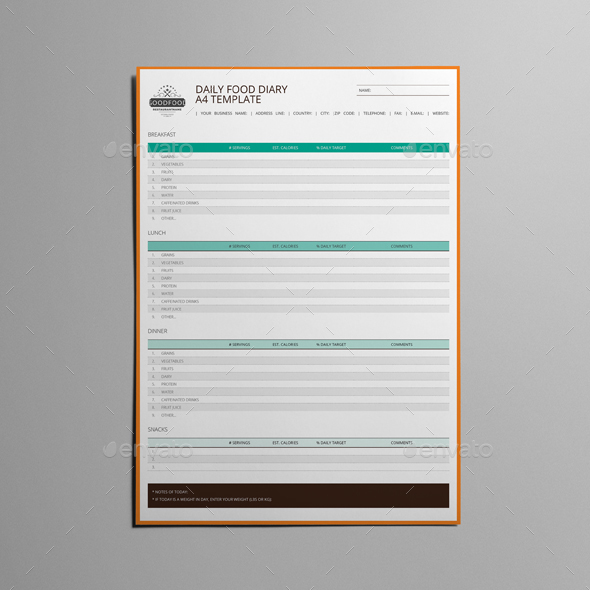 Daily Food Diary A4 Template by Keboto | GraphicRiver