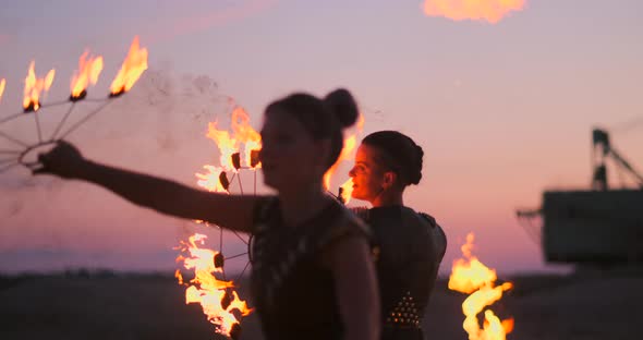 Professional Dancers Women Make a Fire Show and Pyrotechnic Performance ...