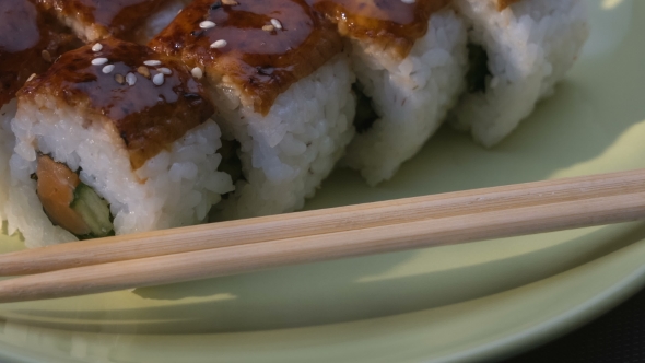 Appetizing Amazing "Dragon" Square Sushi Rolls, Stock Footage | VideoHive