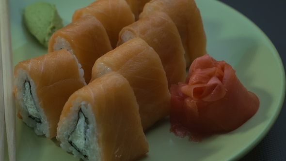 Triangular Sushi Rolls Philadelphia on a Plate, Stock Footage | VideoHive