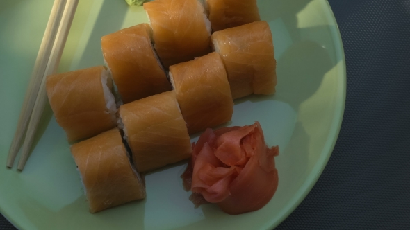 Triangular Sushi Rolls Philadelphia on a Plate, Stock Footage | VideoHive