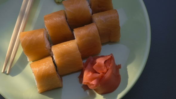 Triangular Sushi Rolls Philadelphia on a Plate, Stock Footage | VideoHive