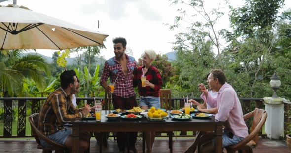 Couple Telling Toast Standing Up People Eating On Terrace Young Friends ...