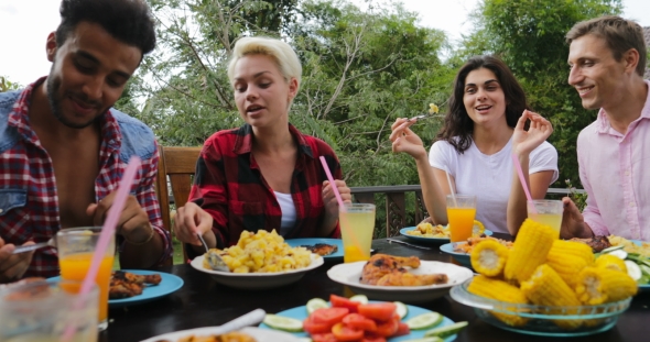 Group Talking and Eating Food , Stock Footage | VideoHive