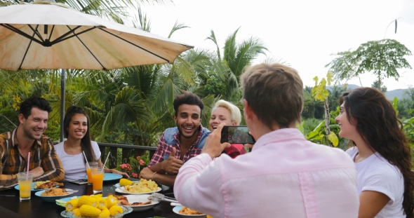 People Talking at Table Outdoors Eating , Stock Footage | VideoHive
