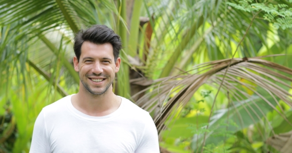 Young Man Smiling Outdoors Happy Handsome Guy Over Green Trees In ...