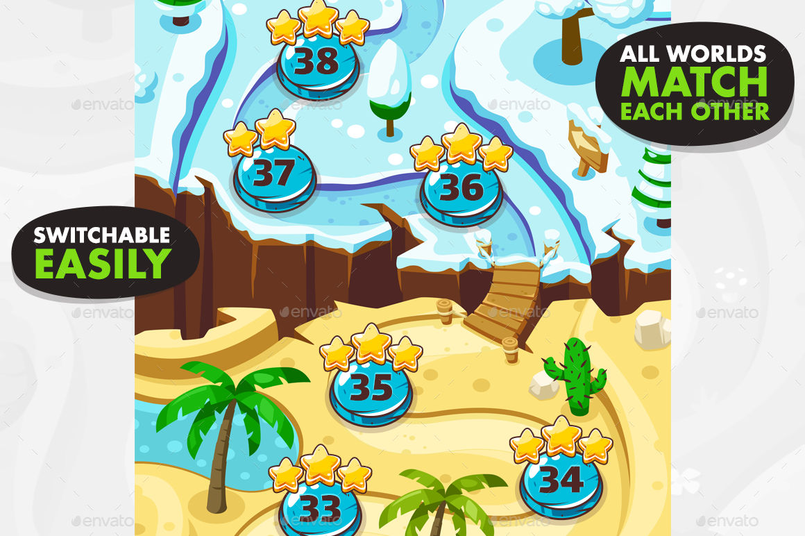 Wooden GUI and Game Level Map with 9 Different Worlds, Game Assets