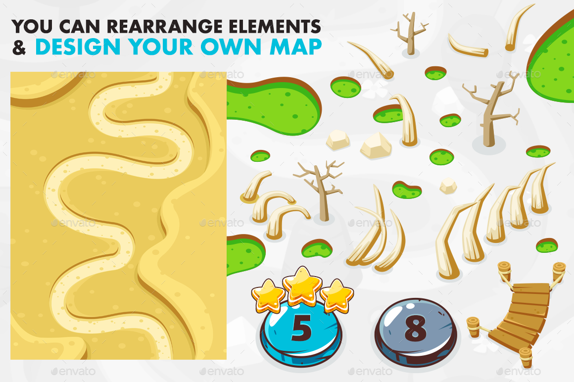 Wooden GUI and Game Level Map with 9 Different Worlds, Game Assets