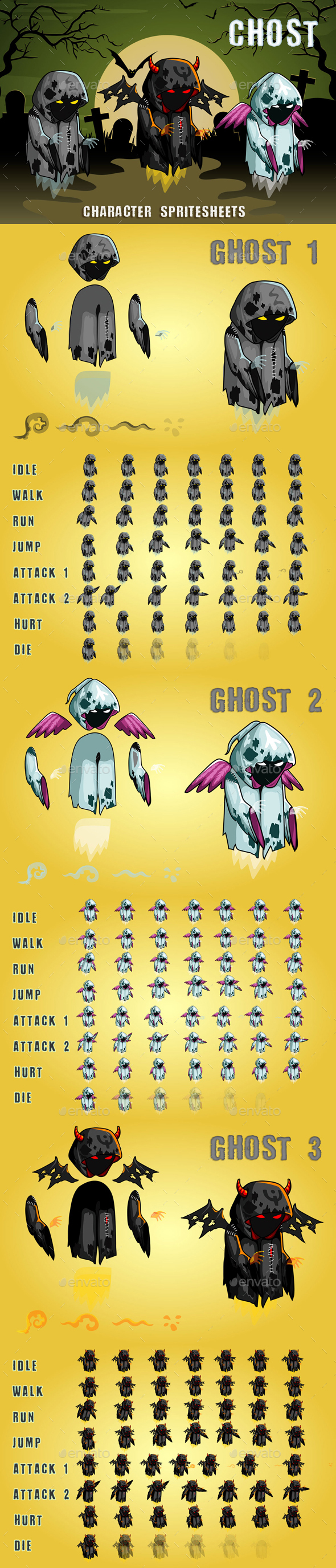 Ghosts 2D Game Character Sprite Sheet by craftpix_net | GraphicRiver