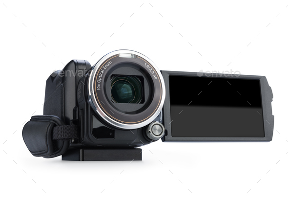 Digital video camera isolated on white background. Screen has a Stock ...